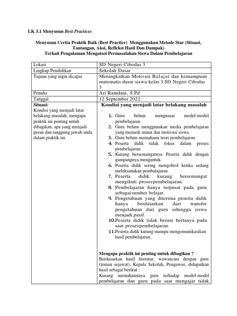 LK. 3.1 Penyusunan Hasil Best Practice Menggunakan Metode STAR | PDF
