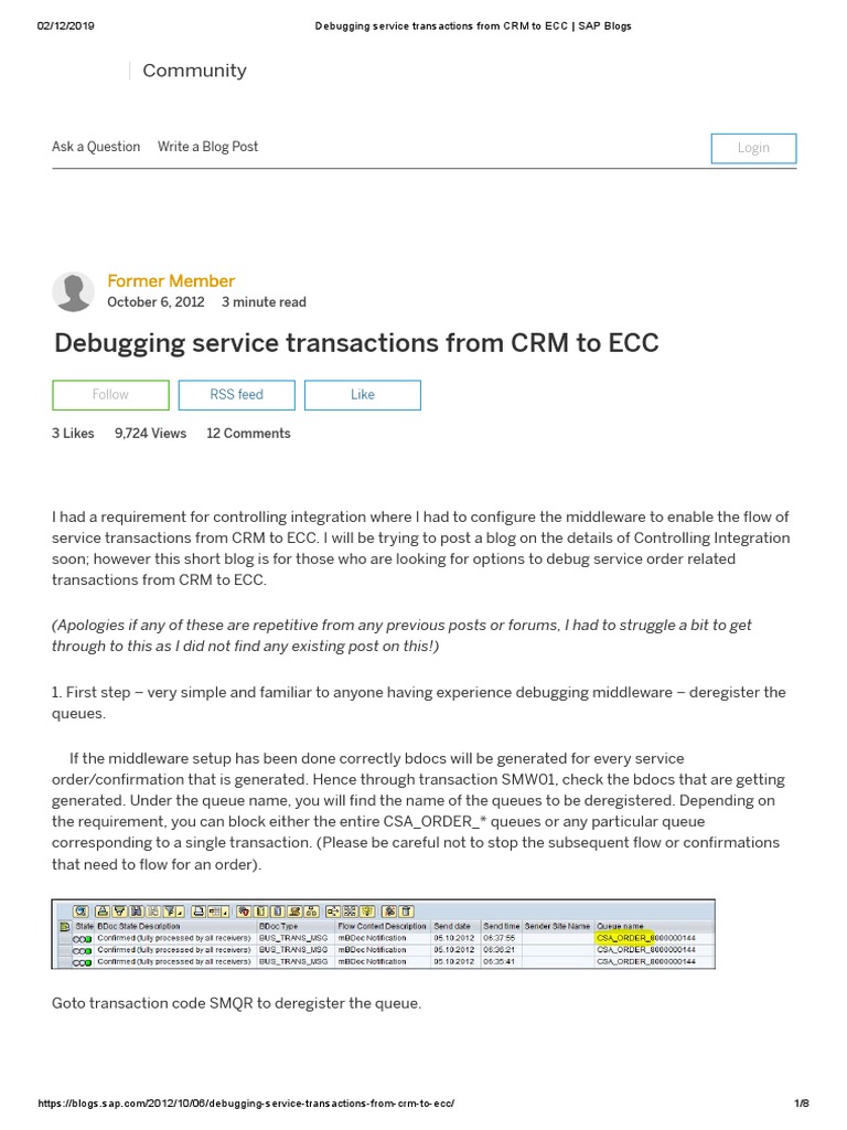 Debugging Service Transactions From CRM To ECC - SAP Blogs | PDF | Customer Relationship ...