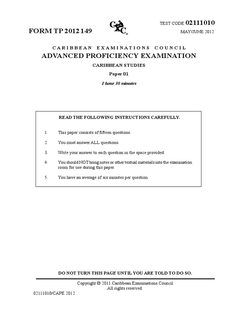 CAPE Caribbean Studies 2012 P1 | PDF | Reason