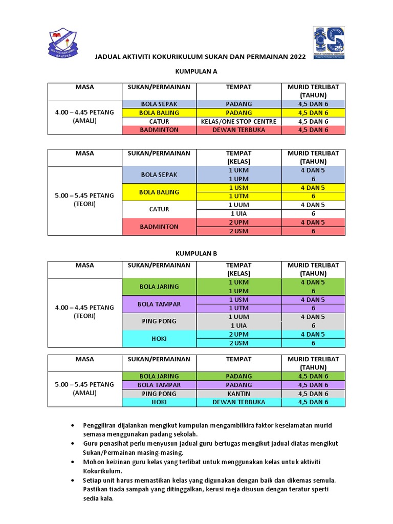 Jadual Penggiliran Aktiviti Kokurikulum Sukan Dan Permainan | PDF