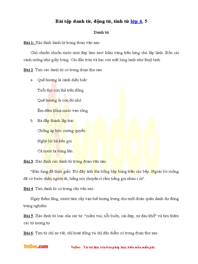 Bai Tap Ve Danh Tu Dong Tu Tinh Tu | PDF