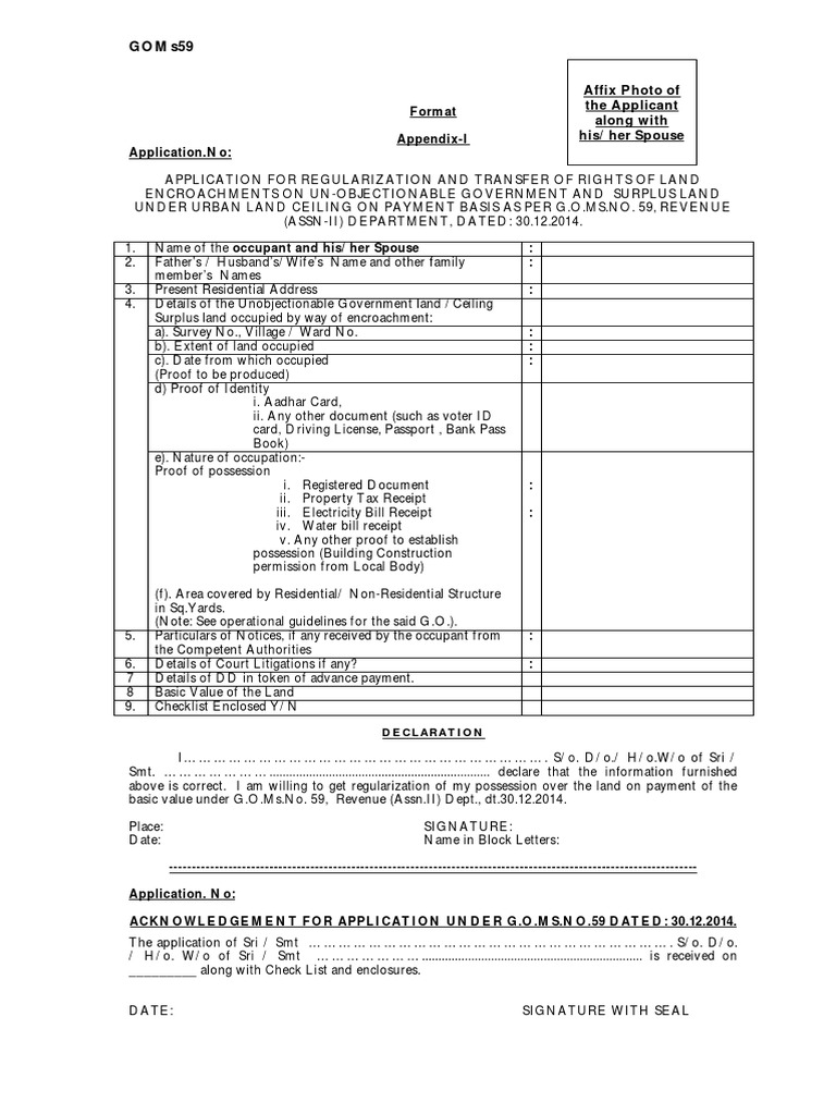 Application for Land Regularization G.O.MS.59 | PDF | Identity Document ...