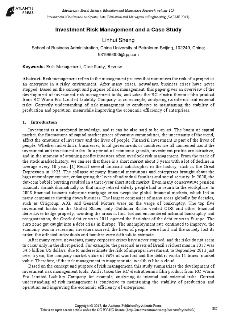 Investment Risk Management and A Case Study: Linhui Sheng | PDF ...