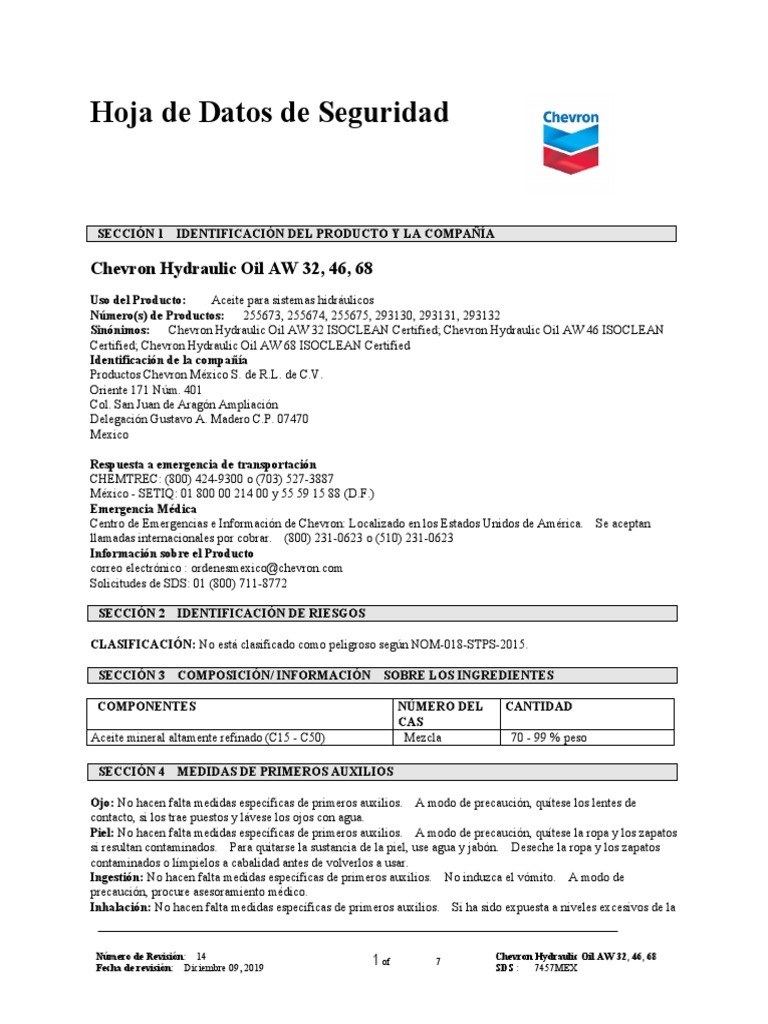 Hoja de Datos de Seguridad para Aceite Hidráulico Chevron AW 32, 46, 68 ...