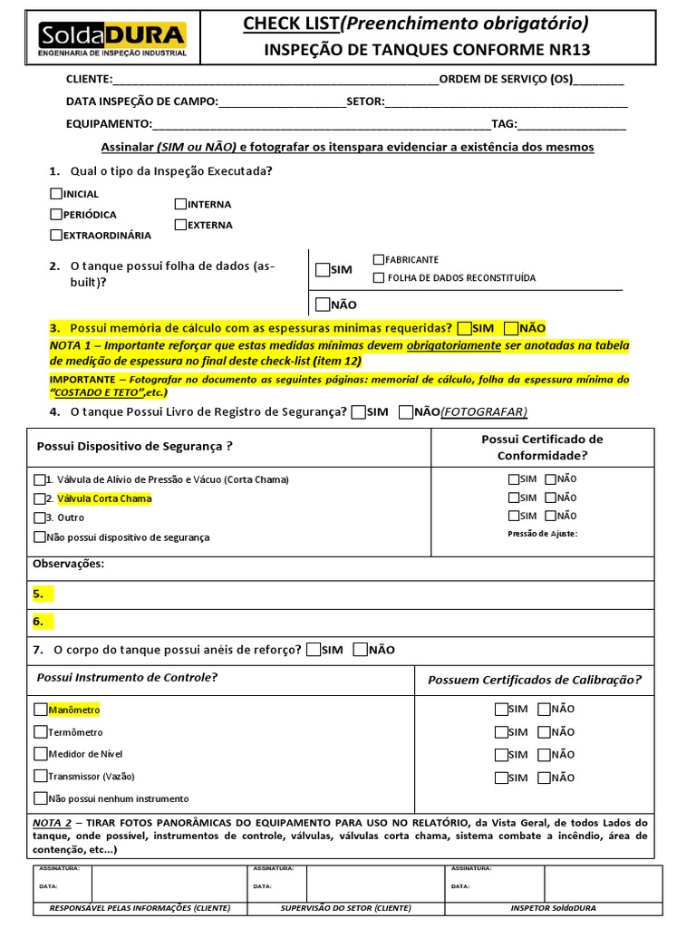 CHECK-LIST de Tanque NR13 (PADRÃO) - Imprimir Frente - Verso - REV0 | PDF