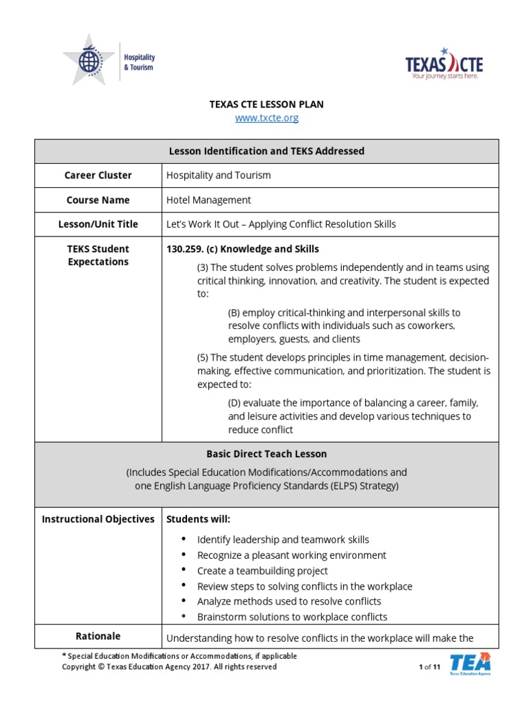 Lesson Plan Let's Work It Out - Applying Conflict Resolution Skills ...