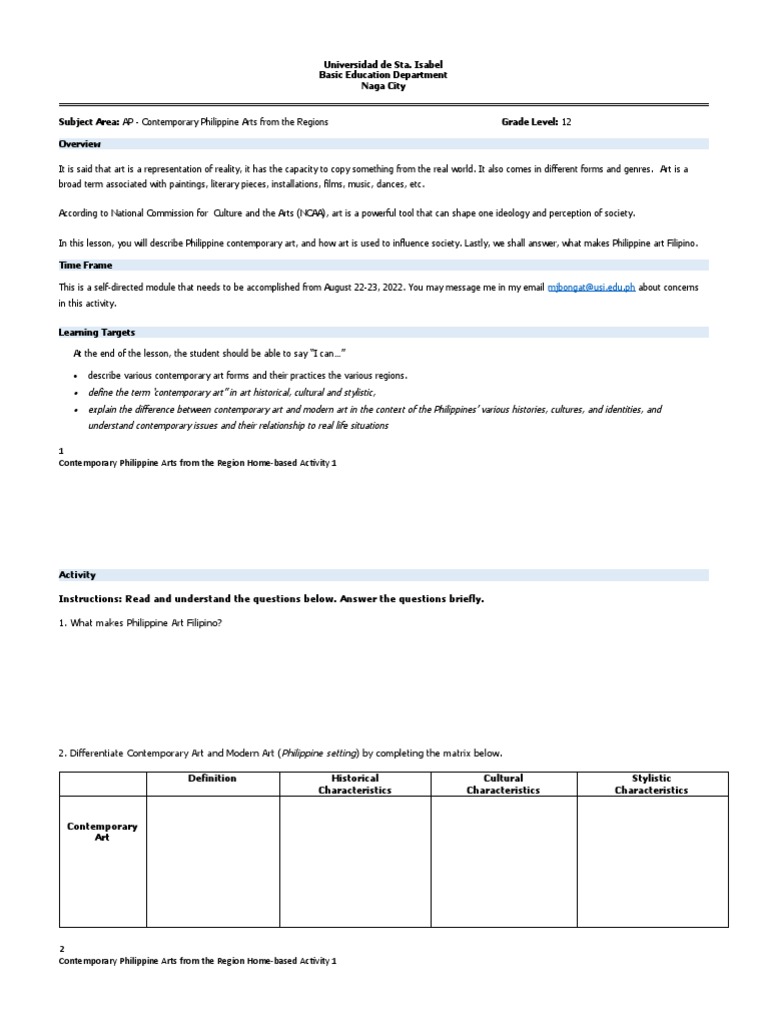 Week 1 Contemporary Home-Based Activity 2 | PDF | Contemporary Art ...