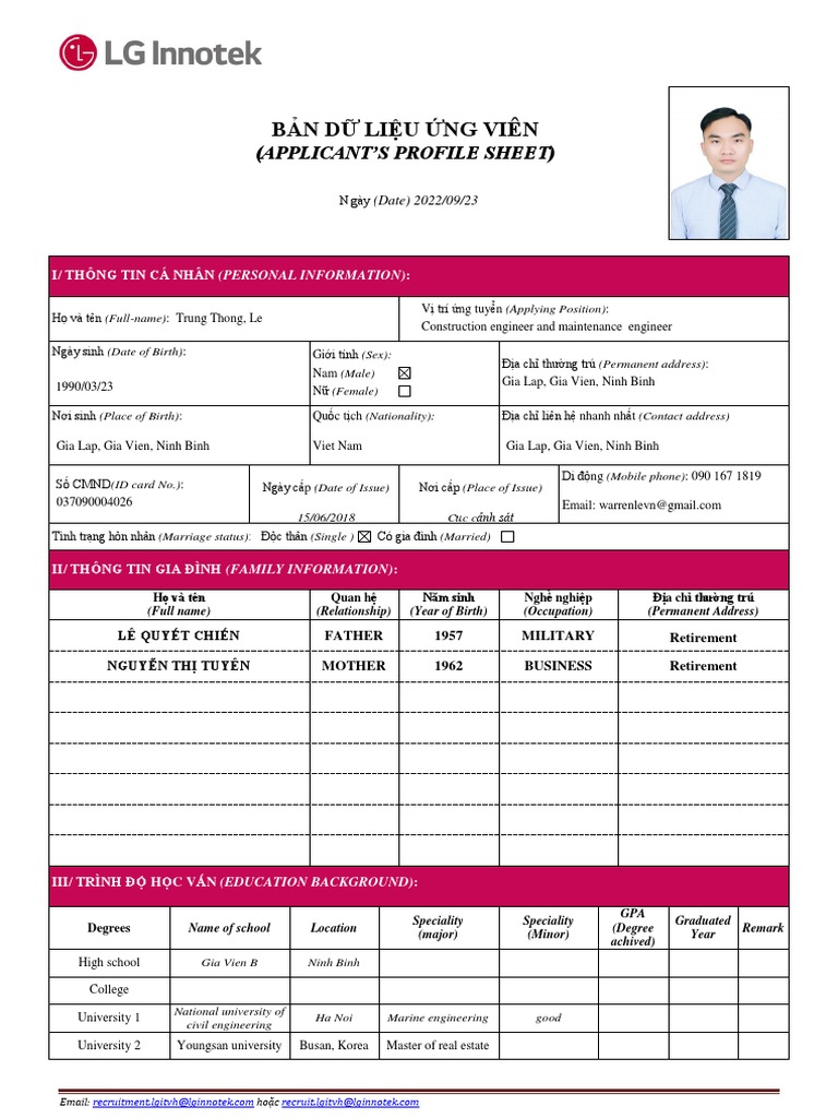 LG Innotek Application Form - Le Trung Thong (Filled) | PDF