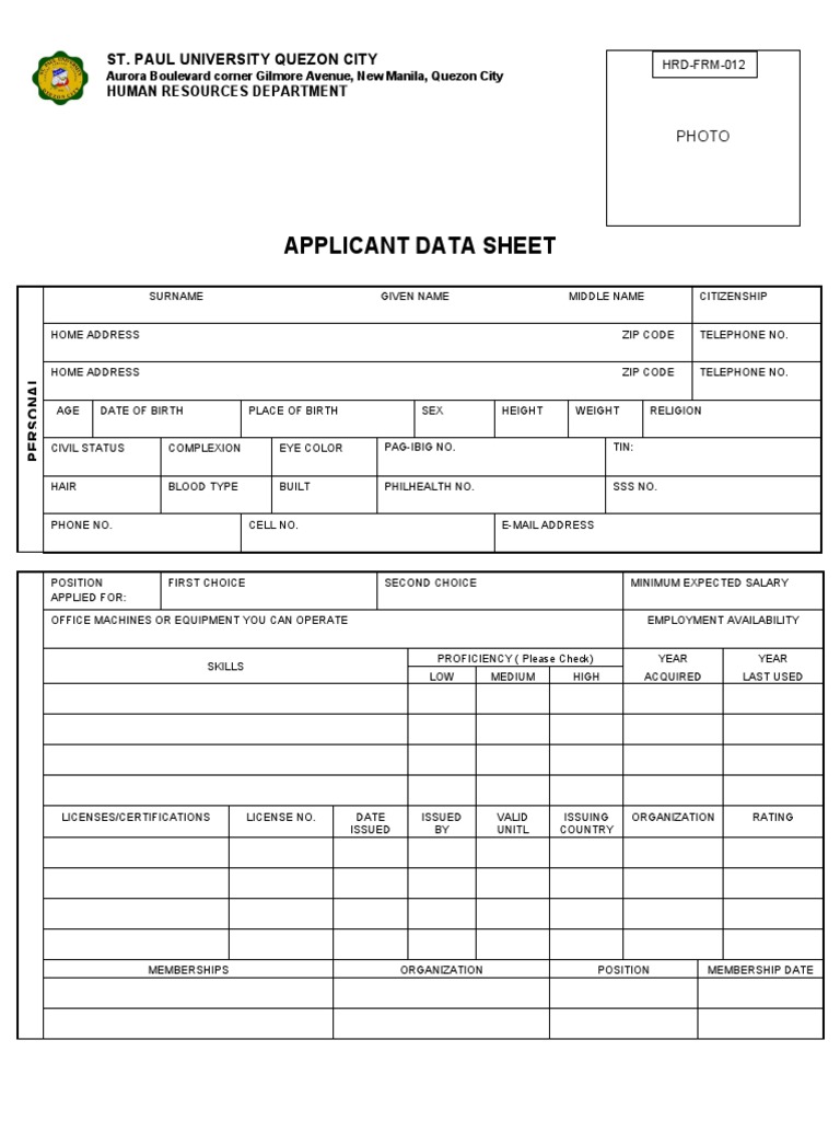 Applicant_Data_Sheet[1] | PDF | Human Resource Management | Employment