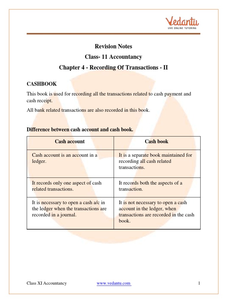 Class 11 Accountancy Chapter-4 Revision Notes | PDF | Cheque | Banks