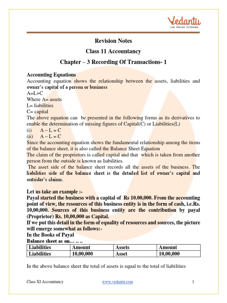 Class 11 Accountancy Chapter-3 Revision Notes | PDF | Debits And ...