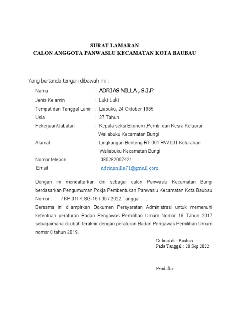 Lamaran Calon Anggota Panwaslu Baubau | PDF