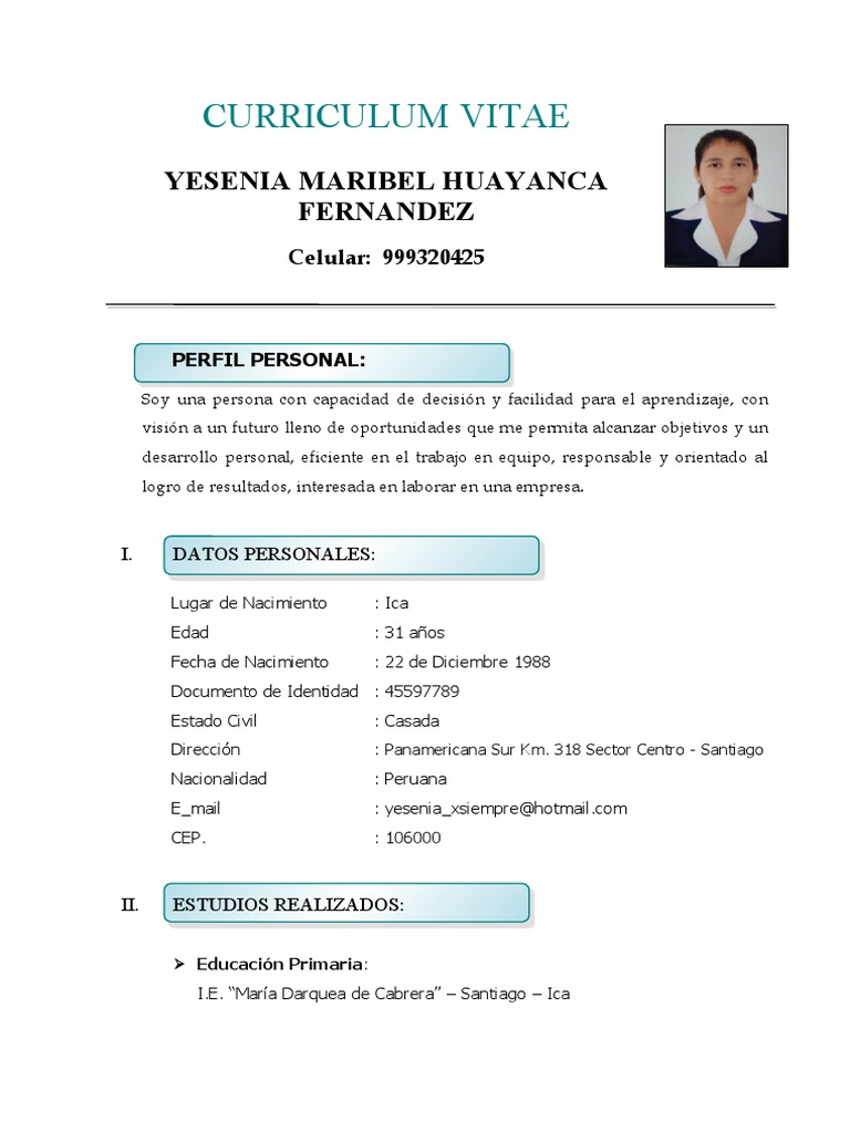 Curriculum Vitae Yesenia Maribel Huayanca Fernandez | PDF | Enfermería | Perú