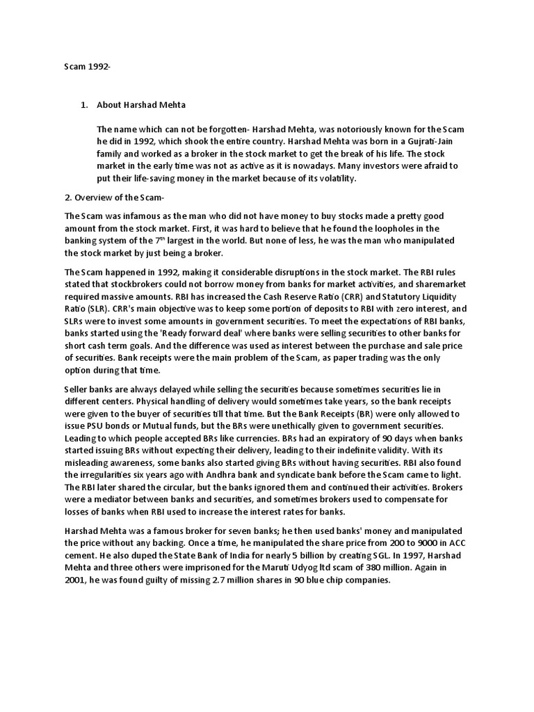 Harshad Mehta's 1992 Stock Scam | PDF | Stocks | Stock Market