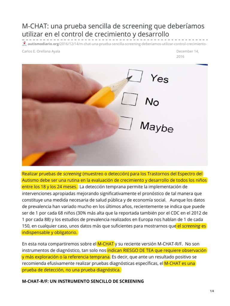M-CHAT Una Prueba Sencilla de Screening Que Deberíamos Utilizar en El ...
