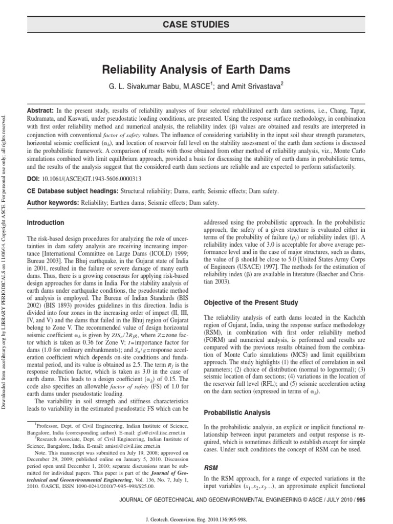 Reliability Analysis of Earth Dams: Case Studies | Download Free PDF | Reliability Engineering