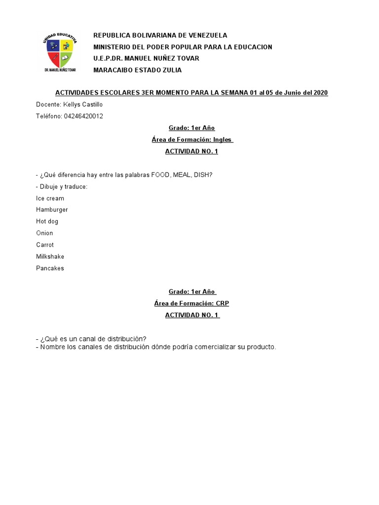 1er Año Act Ingles-Crp. 01 Al 05 de Junio 2020 | PDF