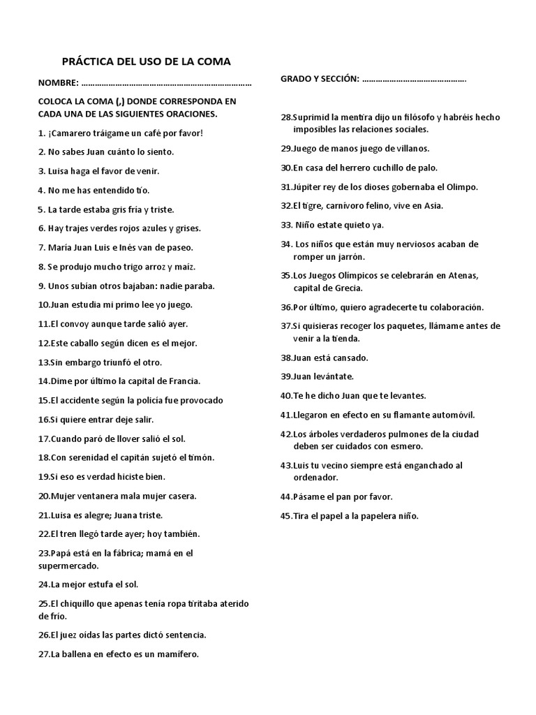 Práctica Del Uso de La Coma | PDF