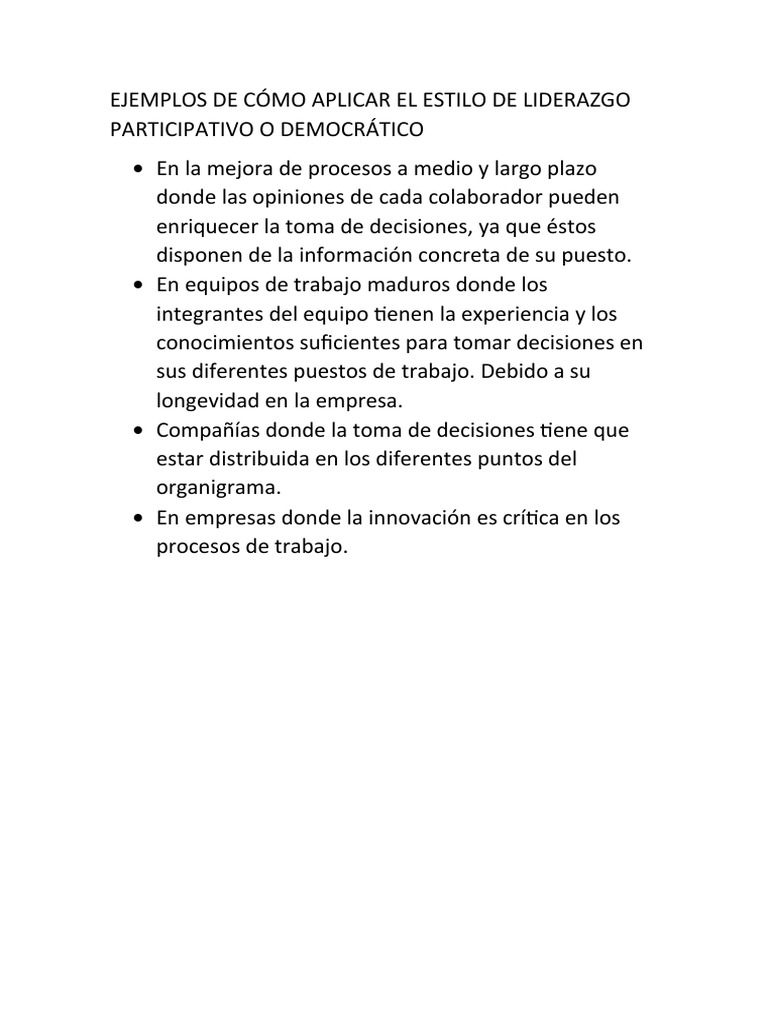 Ejemplos de Cómo Aplicar El Estilo de Liderazgo Participativo o ...