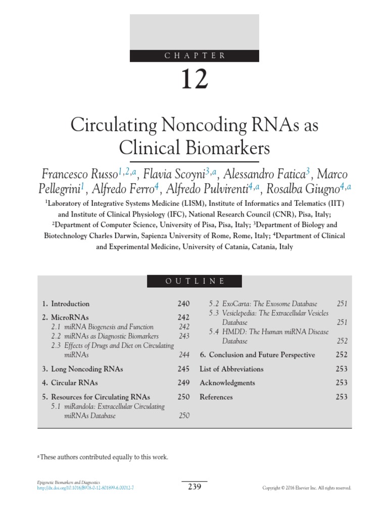 Circulating Noncoding RNAs As Clinical Biomarkers | PDF | Micro Rna | Rna