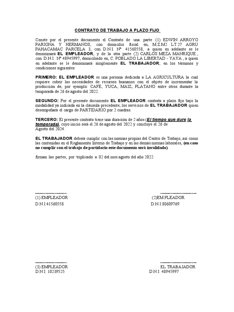 Contrato de Trabajo A Plazo Fijo | PDF