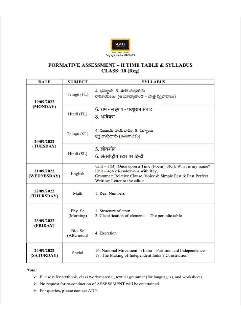 Class 10 (Reg) FA - 2 Time Table | PDF