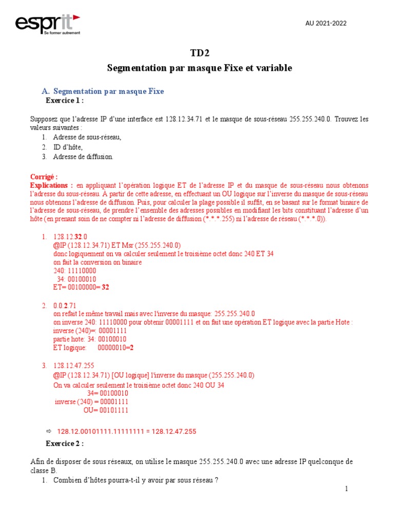 Segmentation IP et VLSM: Exercices Corrigés | PDF | Adresse IP ...