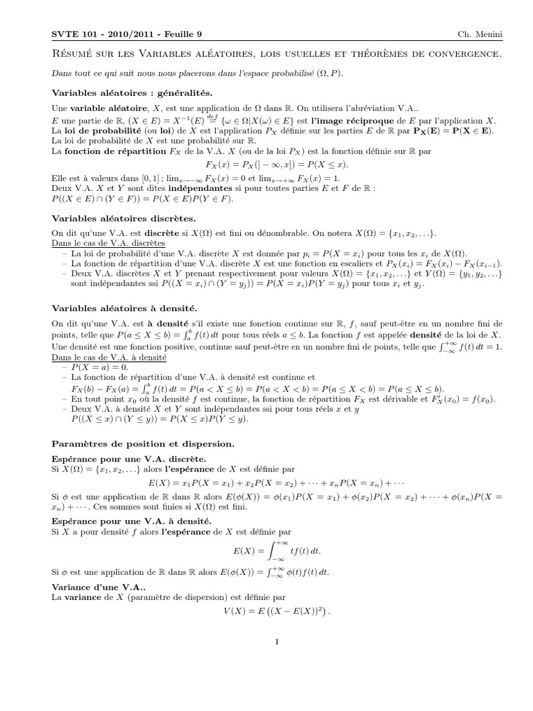 Résumé Chapitre 1 | PDF | Loi de probabilité | Loi normale