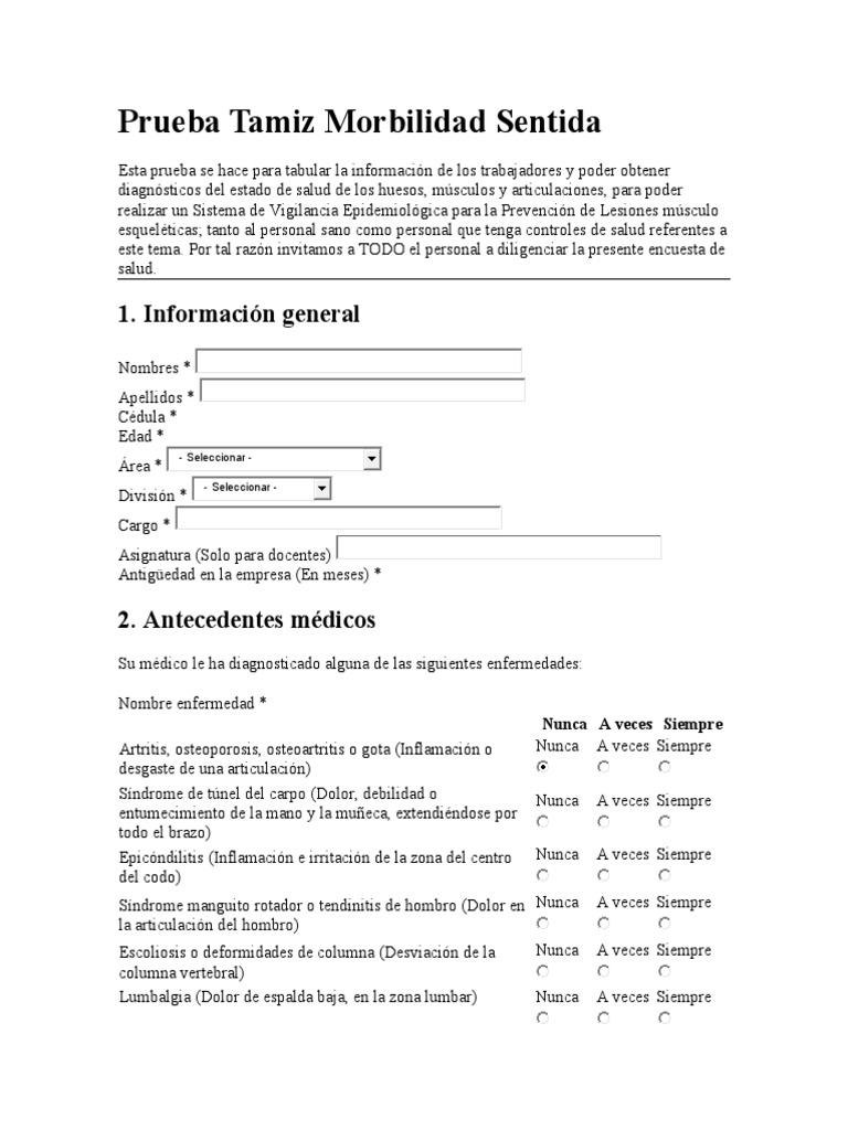 Prueba Tamiz Morbilidad Sentida | PDF | Dolor lumbar | Epidemiología