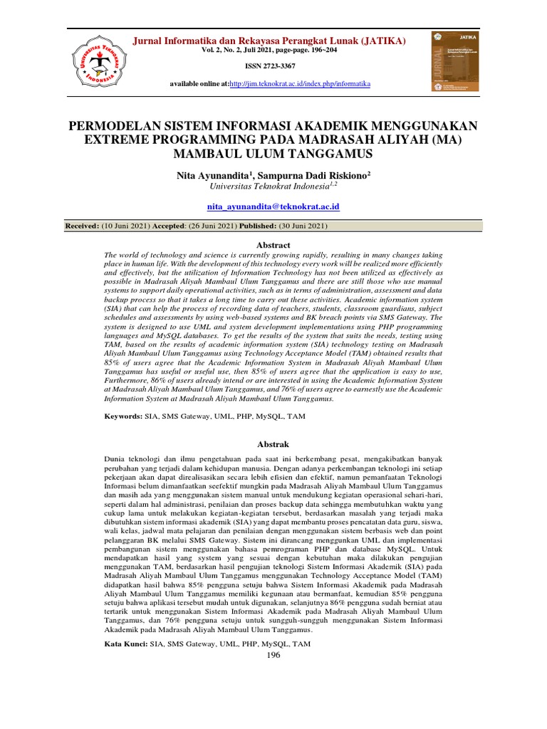 Permodelan Sistem Informasi Akademik Menggunakan Extreme Programming Pada Madrasah Aliyah (Ma ...