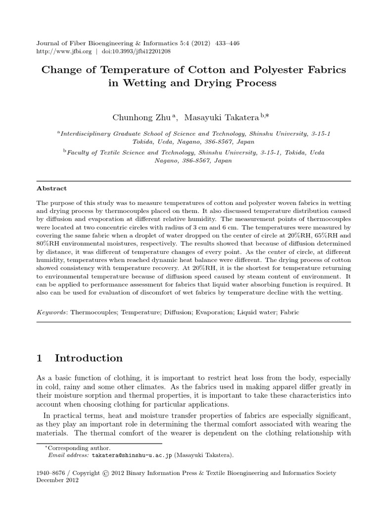 239 Change of Temperature of Cotton and Polyester Fabrics in Wetting ...
