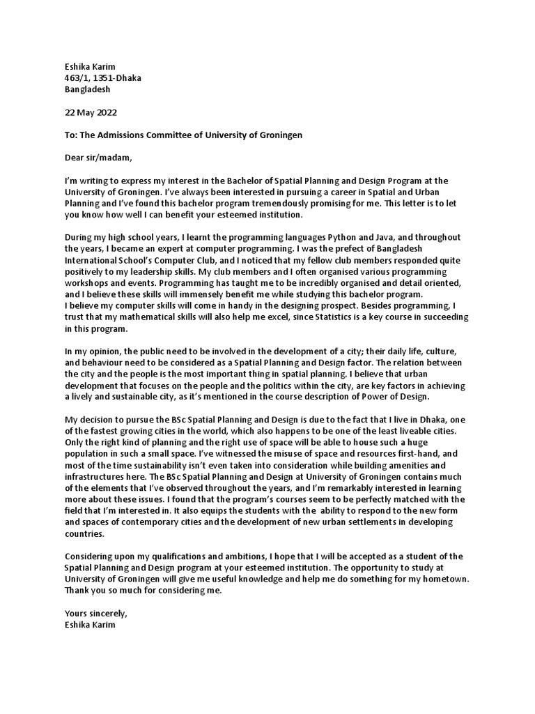 Eshika Karim RUG Motivation Letter | PDF | Cognitive Science | Behavior Modification