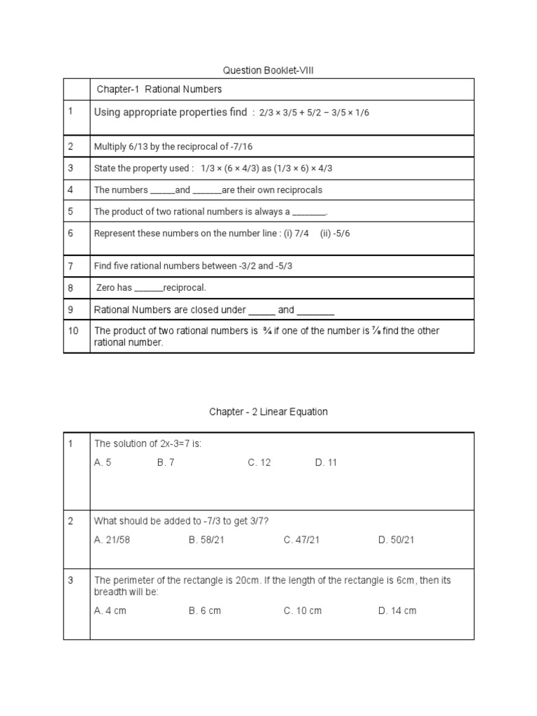 Question Booklet for Rational Numbers and Linear Equations | PDF ...