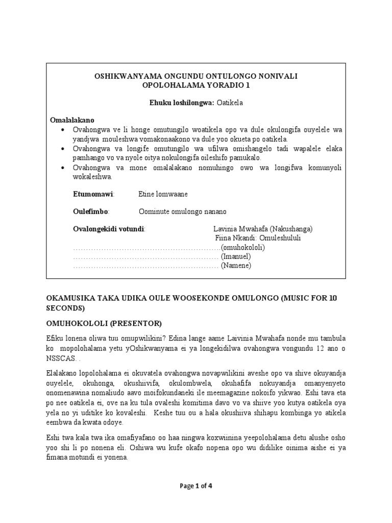 Article Radio Script Nsscas 2022 Oshikwanyama 1 | PDF