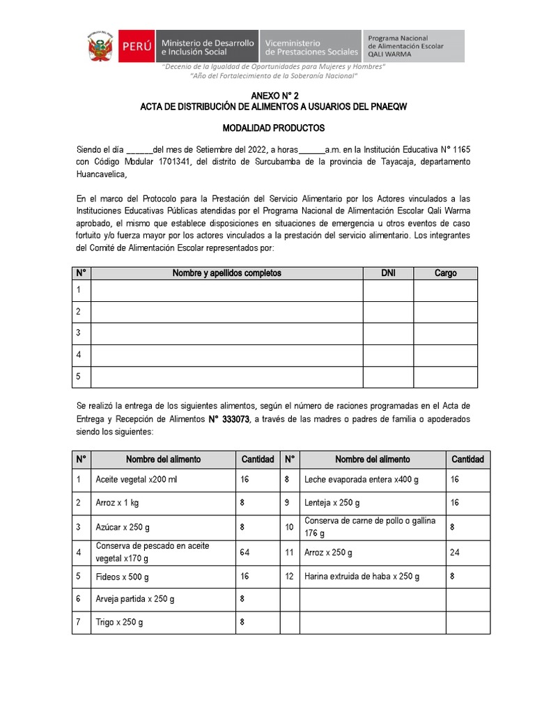 Acta de Distribución de Alimentos - Inicial - 6° Entrega | PDF ... Acta de Distribución de Alimentos - Inicial - 6° Entrega | PDF ...