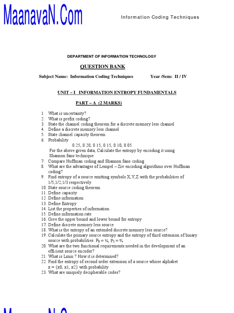 Question Bank Information Coding Techniques Pdf Data Compression Code 