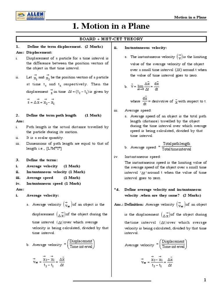 Motion in A Plane - Final. | PDF | Velocity | Acceleration
