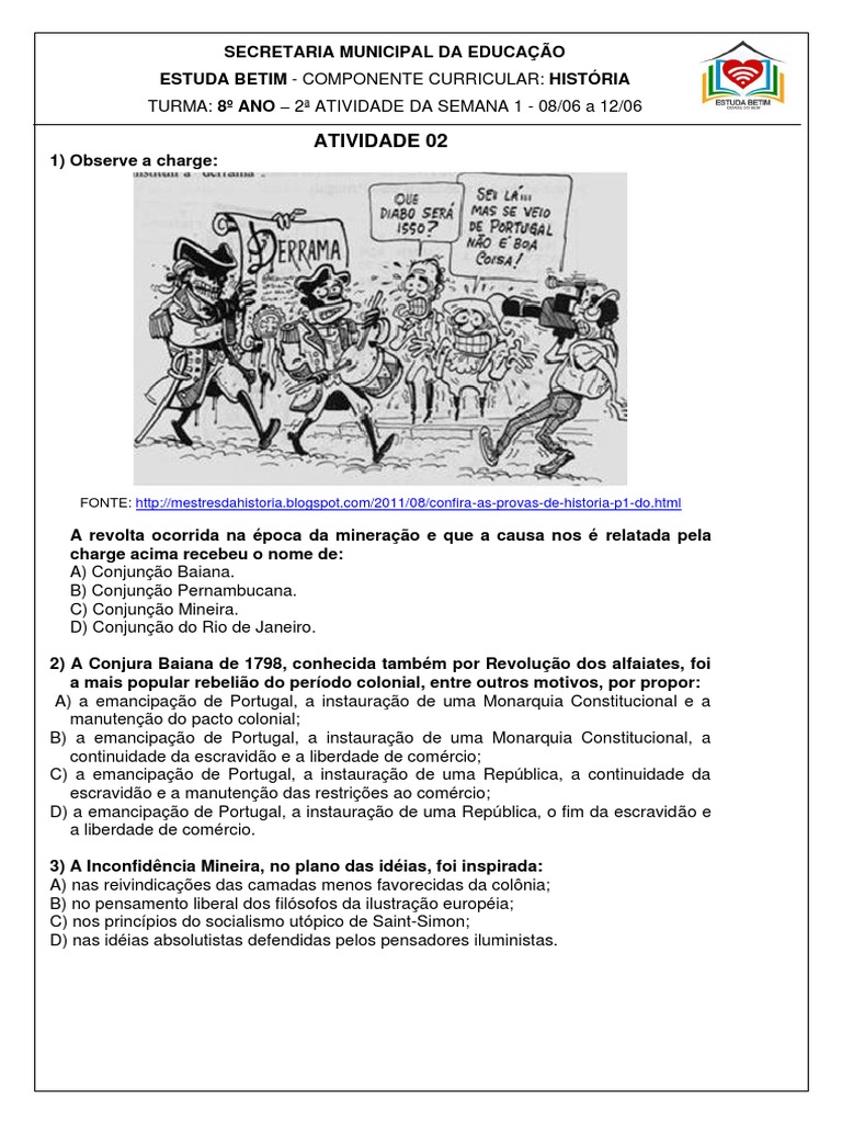 Atividades sobre Conjuração Baiana 8º Ano | PDF | História