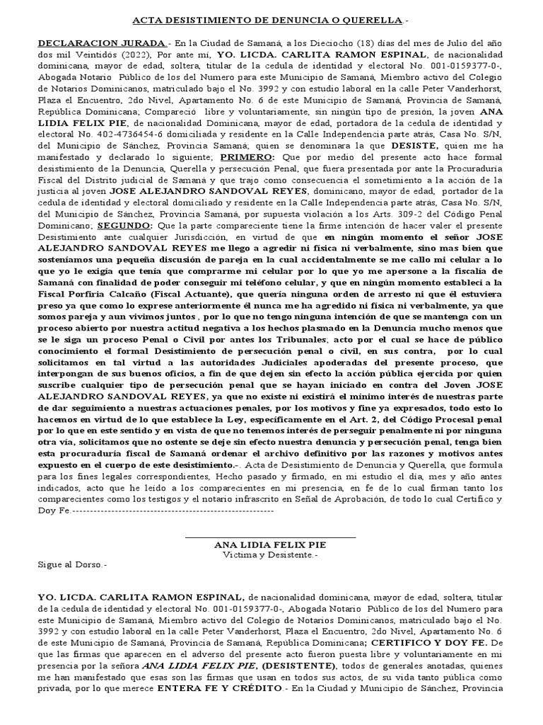 DESISTIMIENTO DE QUERELLA de JOSE ALEJANDRO SANDOVAL | PDF | Queja | República Dominicana