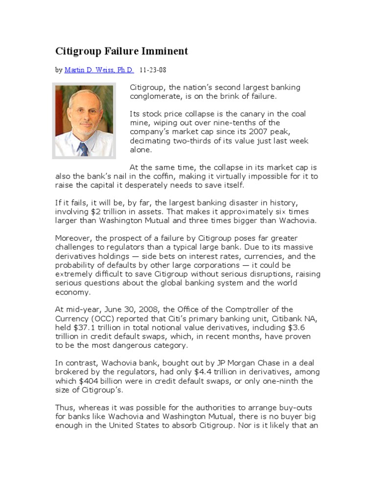 Citigroup Failure Imminent: Martin D. Weiss, PH.D | PDF | Citigroup ...