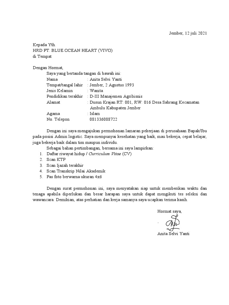 Surat Lamaran Kerja Anitaa | PDF
