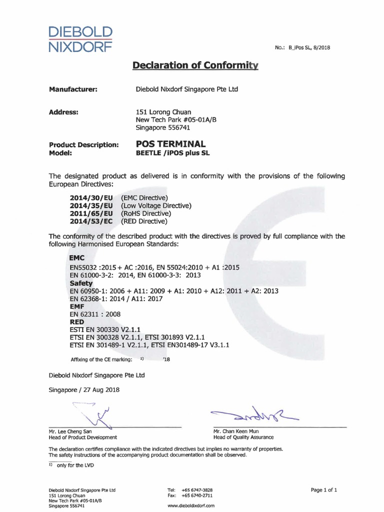 Diebold Nixdorf BEETLE iPOS Plus SL Declaration | PDF