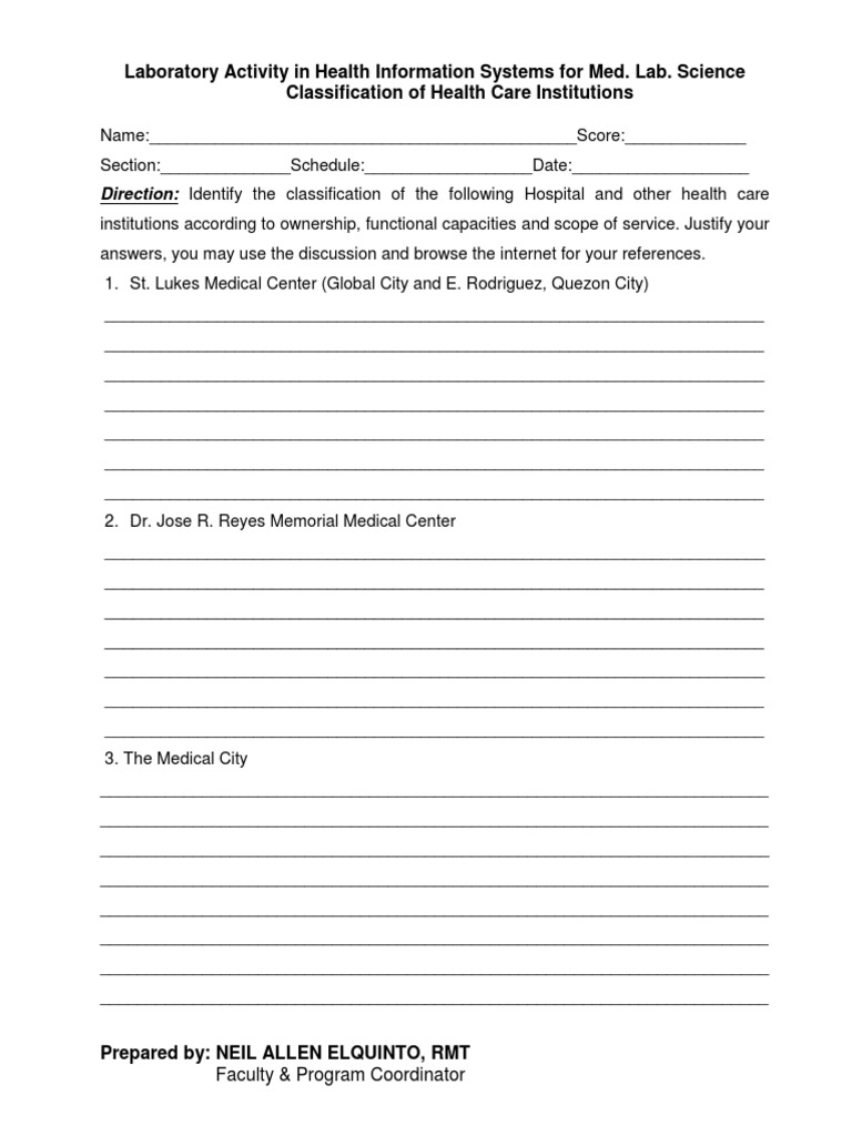 Laboratory Activity 3 - HIS Lab - Classification of Health Care ...