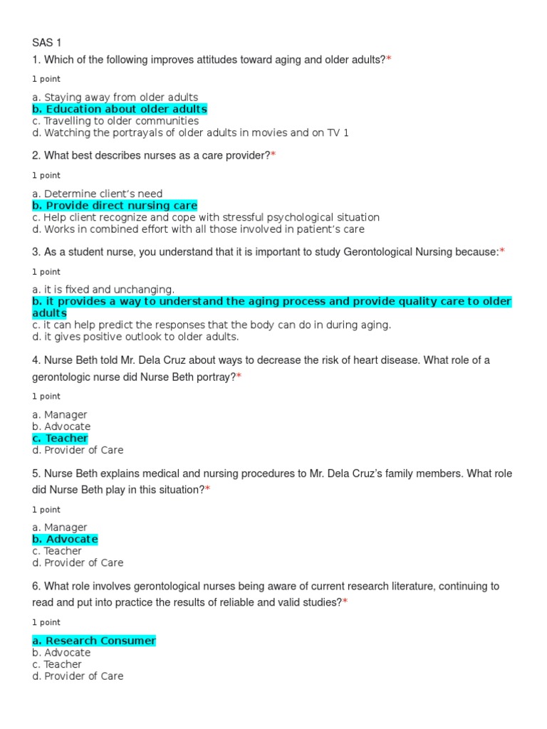Gerontological Nursing Concepts SAS Quiz | PDF | Nursing | Gerontological Nursing