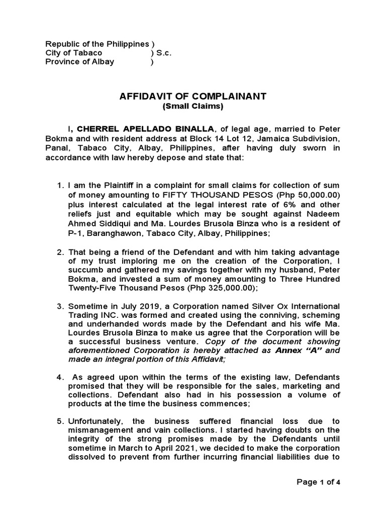 Affidavit of Complaint (Small Claims) | PDF | Affidavit | Damages