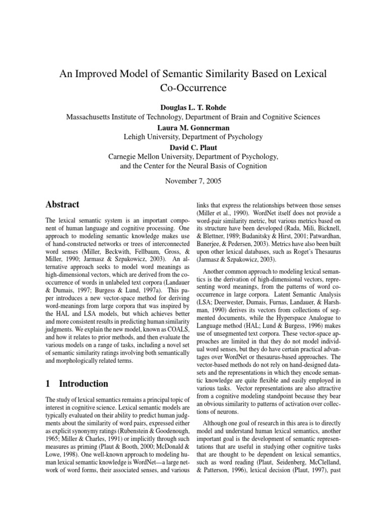 An Improved Model of Semantic Similarity Based On Lexical. Rohde, Gonnerman, Plaut | PDF ...