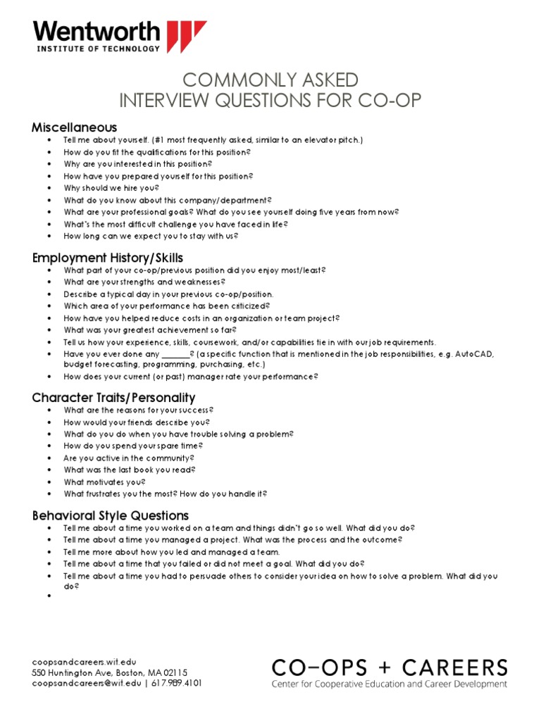 Commonly Asked Interview Questions Co Op Version NEW | PDF | Psychological Concepts | Cognition