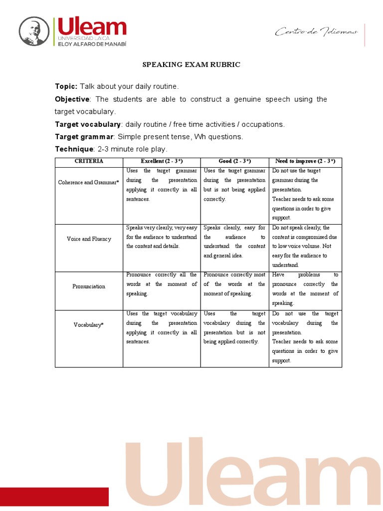 Rubric Speaking Exam Unit 2 | PDF | Vocabulary | Rubric (Academic)