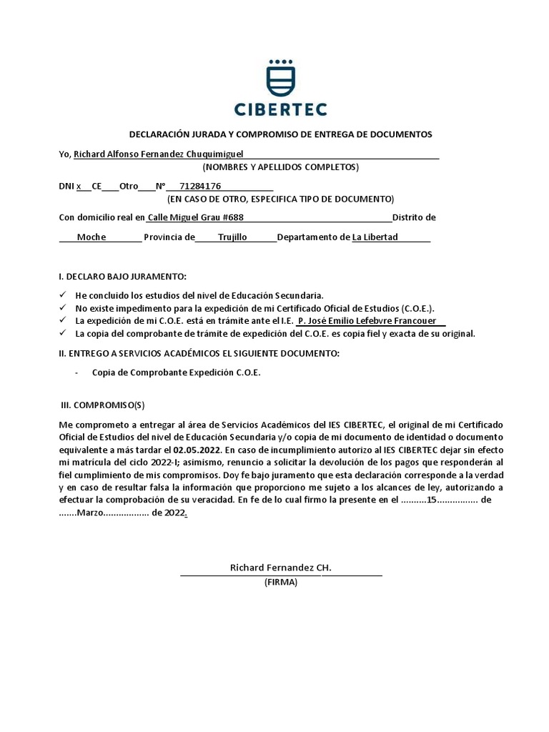 Declaración Jurada y Compromiso de Entrega de Documentos (2022-I) | PDF