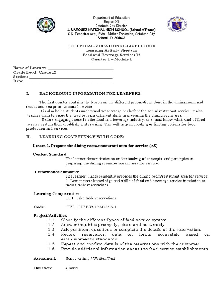 FBS Learning Activity Sheet | PDF | Foodservice | Restaurants